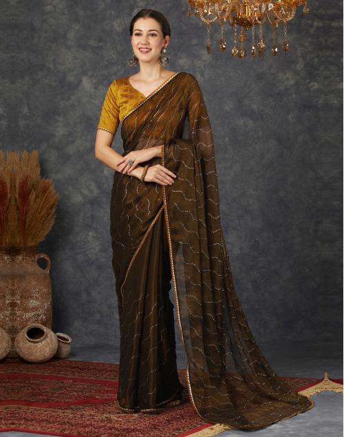 Buy Siril Chiffon Brown Color Saree with Blouse piece Online at Best ...