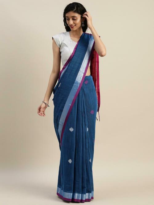 Buy VASTRANAND Women Blue Linen Blend Woven Design Saree Online at Best ...