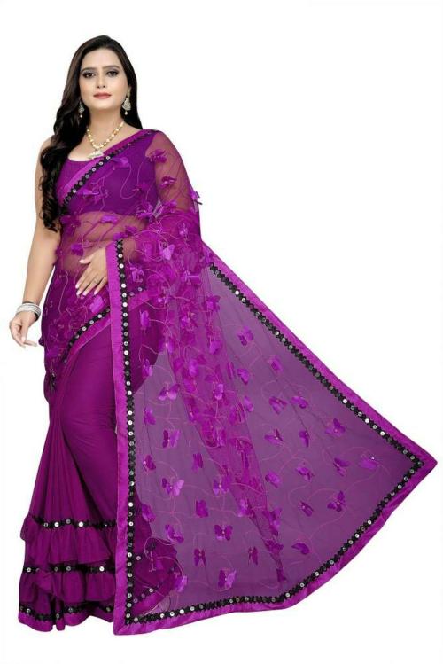 Buy VANRAJ CREATION Women Purple Self Design Net Saree Online at Best ...