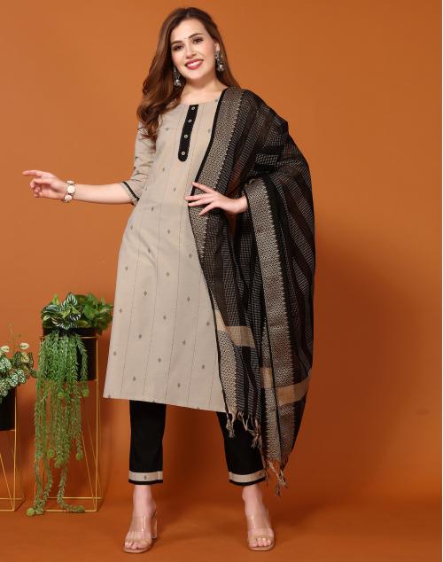 Buy Skylee Women's Beige Color Cotton Kurta Set with Dupatta Online at ...