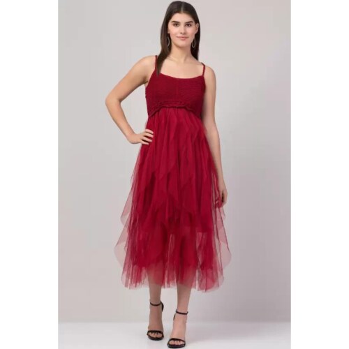 Buy Famiss fashion Net Solid Sleeveless Calf Length Midi Fit and Flare ...