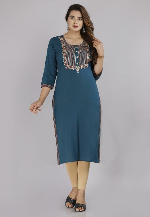 Buy Mehsoos Women Teal Blue Embroidered Pure Cotton Straight Kurta (XL ...