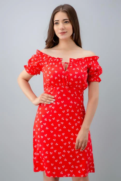 Buy Pretty Loving Thing Women Floral Print Off Shoulder Dress Red ...