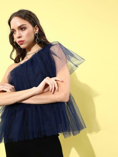 Buy Style Quotient Navy Blue Solid One Shoulder Net Top Online at Best ...