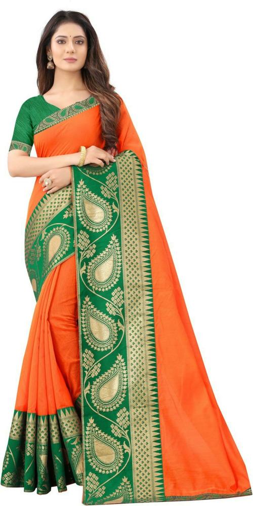 Buy Febo Fashion Women Orange Woven Design Cotton Blend Single Saree ...