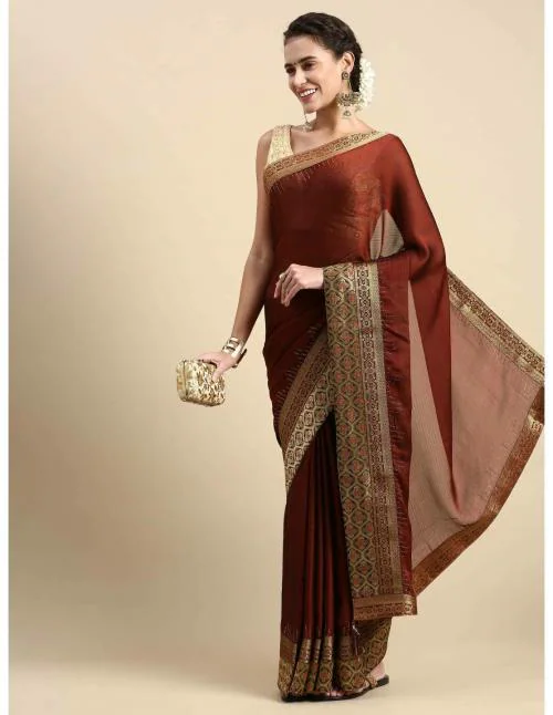 Buy Indian Women Women Moss Silk FULL EMBROIDERY WORK Brown Color Saree ...
