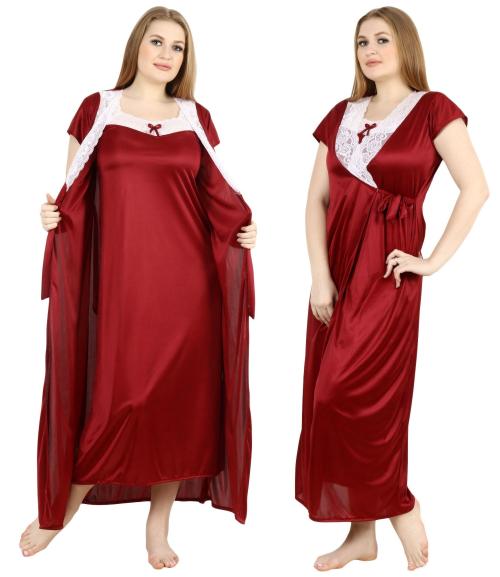 Buy LOOK PLUS Women's Satin Plain/Solid Maroon Nightwear & Nighties Set ...