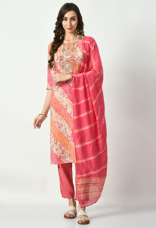 Buy S MAJIDA Pink Bandhej Printed Kurta Set for Women with Dupatta ...