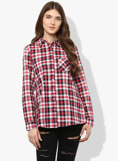 Buy One Femme Women's Cotton Checkered Full- Sleeve Shirt Online at ...