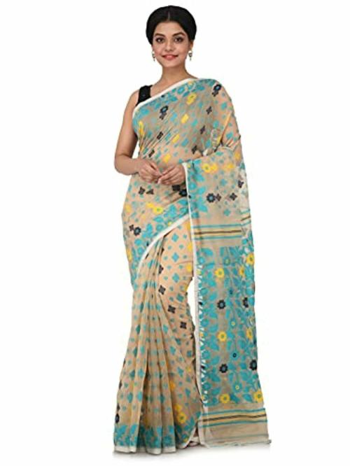 Buy PinkLoom Women Beige Handloom Pure Cotton Jamdani Saree Without Blouse Piece Online at Best ...