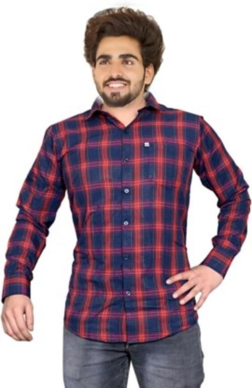 Buy Marc Laurent Men Red and Blue Checkered Cotton Blend Casual Shirt ...