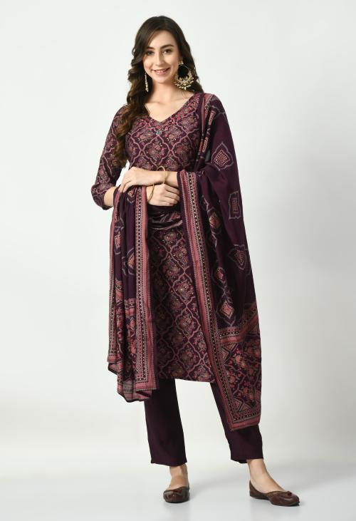 Buy S MAJIDA Wine Ajrakh Printed Kurta Set for Women with Dupatta ...