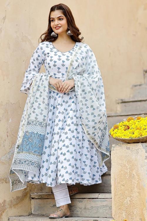 Buy Jesvi Women Light Blue and White Printed Cotton Rayon Anarkali Kurta, Pyjama and Dupatta Set ...
