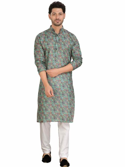 Buy Encino Mens Green Printed Cotton Indeevar Collection Kurta Online ...