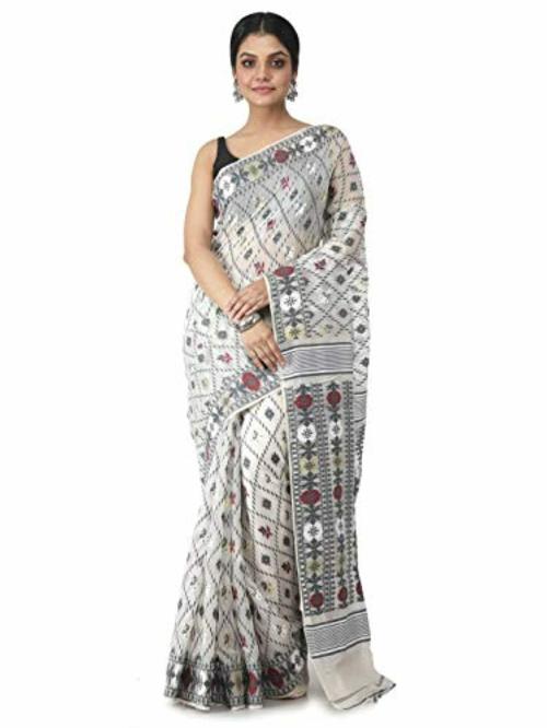Buy PinkLoom Women White Woven Cotton Jamdani Saree without Blouse Piece Online at Best Prices ...