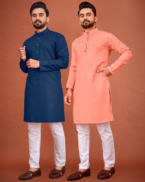 Buy aalln peter Men Blue and Pink Solid Cotton Blend Straight Kurta ...