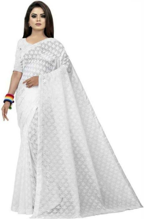 Buy VANRAJ CREATION Women White Self Design Net Saree Online at Best ...