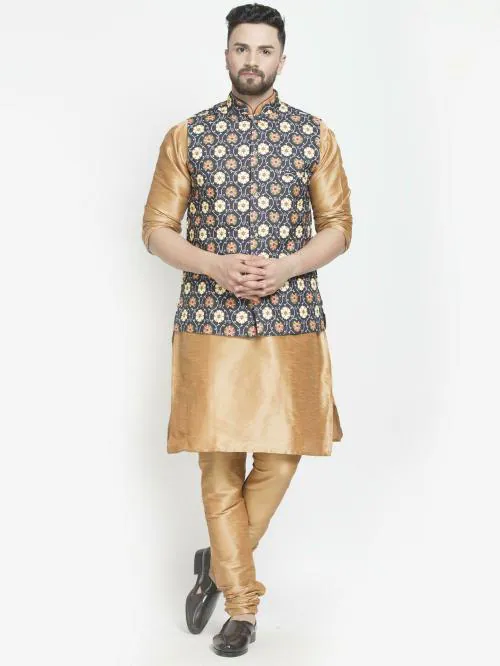 Buy Benstoke Men's Silk Blend Copper Kurta With Pyjama & Black Printed ...