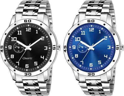 Blue Pearl Analog Black, Blue Dial Silver Strap Watch For Men (Pack Of ...