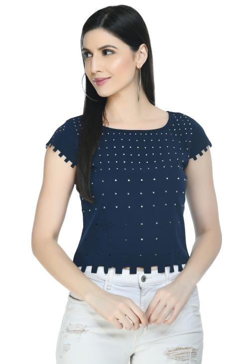 Buy PREEGO Women Blue Self Design Crop Top Online at Best Prices in ...