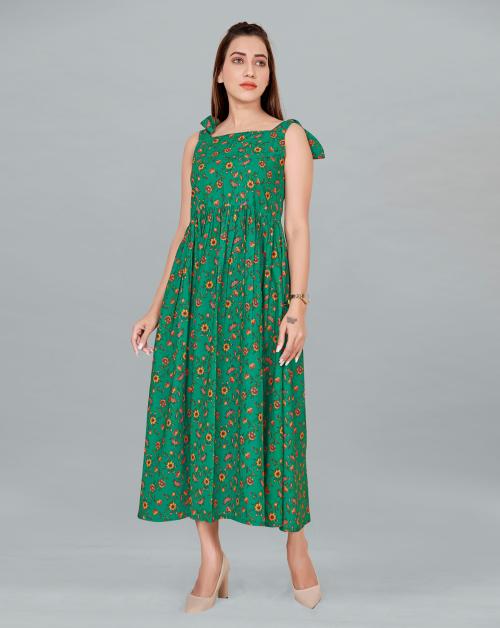 Buy Fashion Dream Women Green Floral Printed Polyester A-Line Dress ...