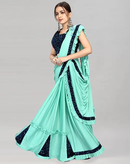 Buy Siril Velvet Turquoise Color Saree With Blouse Piece | sarees for ...