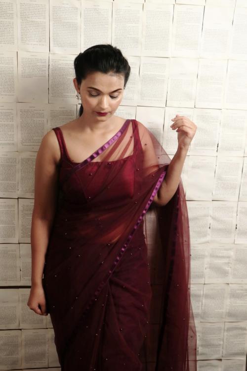 Buy Wardrobe luxury by shreya women's maroon net saree with pearl work ...