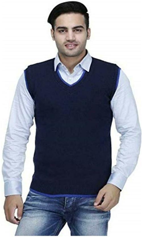 Buy Om Designer Men Blue Solid Wool Blend Single Sweater (L) Online at Best Prices in India ...