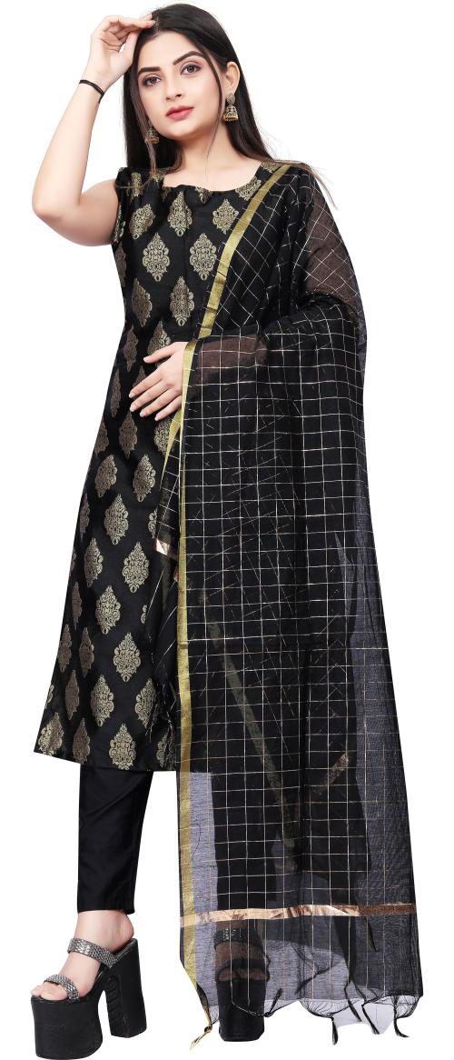 Buy Eilara Women's Silk Blend Black Straight Kutra, Pant with Dupatta ...