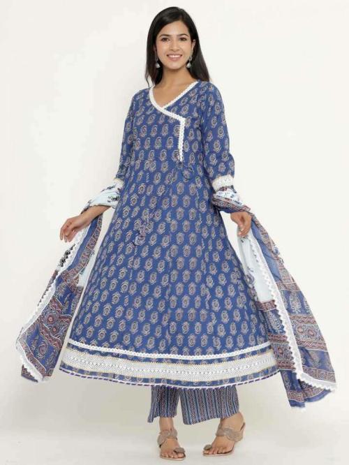Buy RANAK CREATION Women Blue Printed Pure Cotton Kurta, Pant And ...