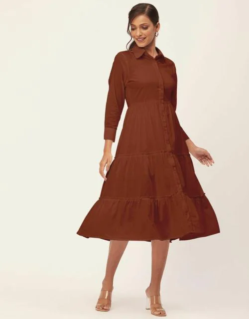 Buy Moomaya Solid Tiered Dress For Women, Cotton Dress With Collar Online at Best Prices in ...