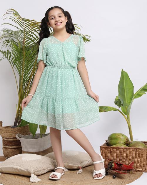 Buy Budding Bees Girls V-Neck Dobby Printed Georgette Tiered Dress-Green Online at Best Prices ...