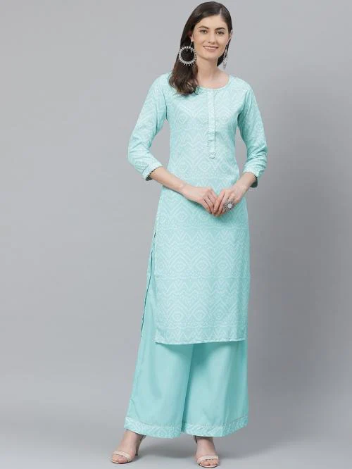 Buy AHIKA Women Blue Poly Crepe Bandhni Kurta and Palazzo Set (3XL) Online at Best Prices in ...