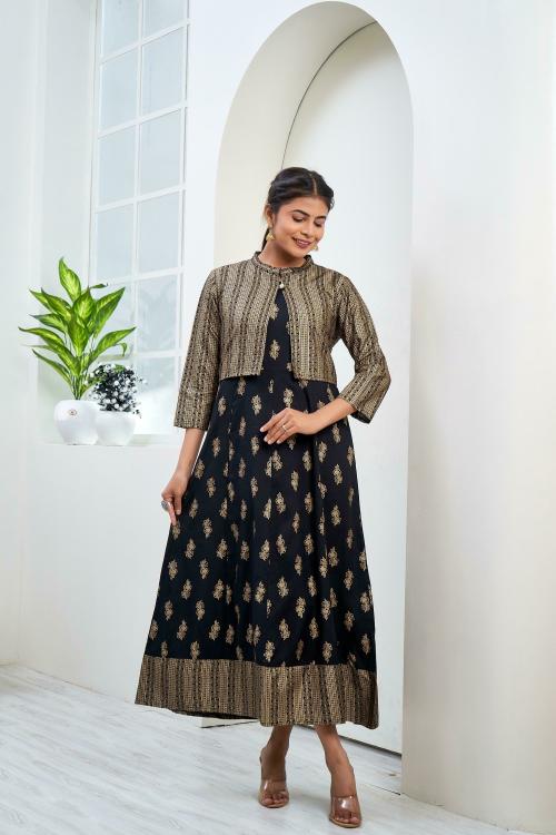 Buy Sa Rasa Women Black Floral Print Viscose Rayon Anarkali Kurta ...