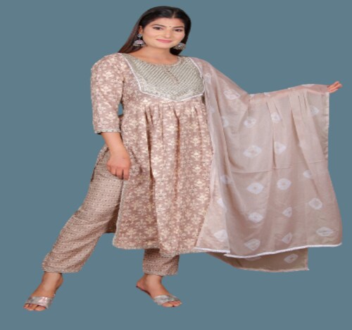 Buy RENE Women Block Printed Anarkali Kurta and Pant Set with Dupatta ...