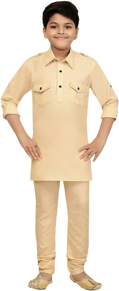Buy Ahhaaaa Boys Beige Roll Up Sleeve Cotton Blend Solid Pathani Suit ...