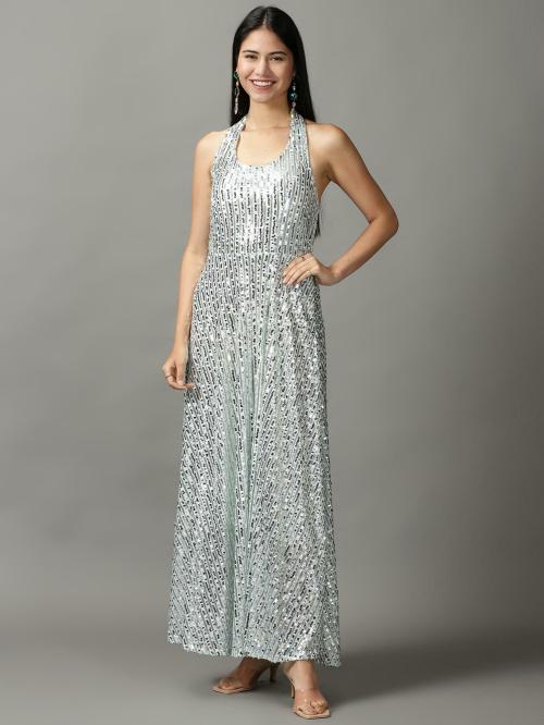 Buy SHOW OFF Women's Silver Embellished Polyester Gown Dress Online at ...
