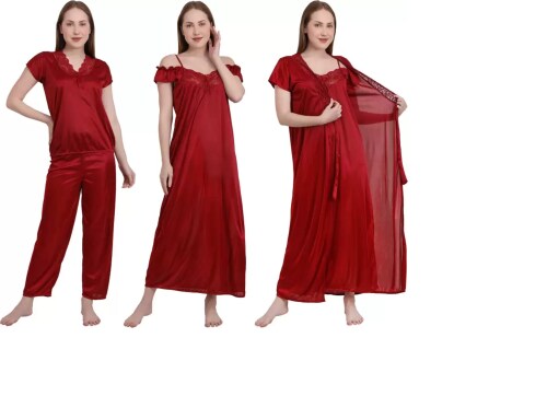 Buy LOOK PLUS Women's Satin Plain/Solid Maroon Nightwear & Nighties Set ...