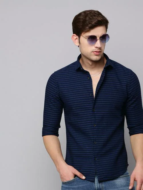 Buy SHOW OFF Men's Navy Blue Self Design Cotton Shirts Online at Best ...