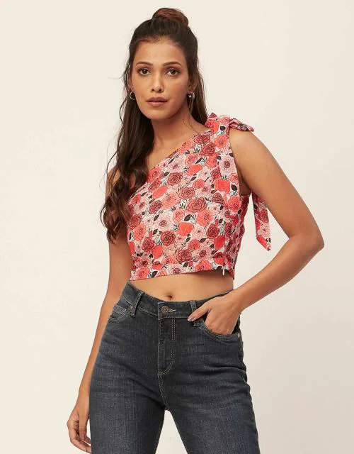 Buy Moomaya Tie-Up One Shoulder Tops For Women, Sleeveless Printed ...