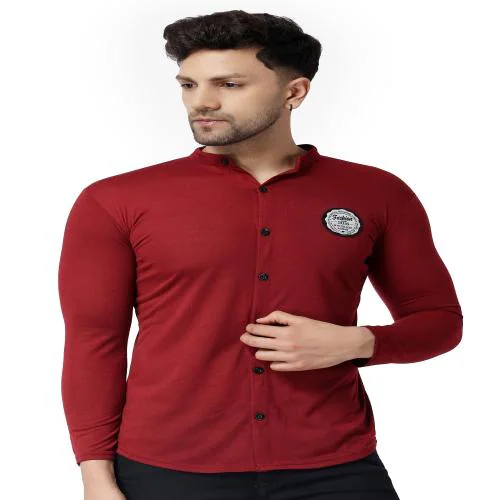 Buy Geum Men Maroon Solid Cotton Blend Mandarin Collar Shirt shirt for ...