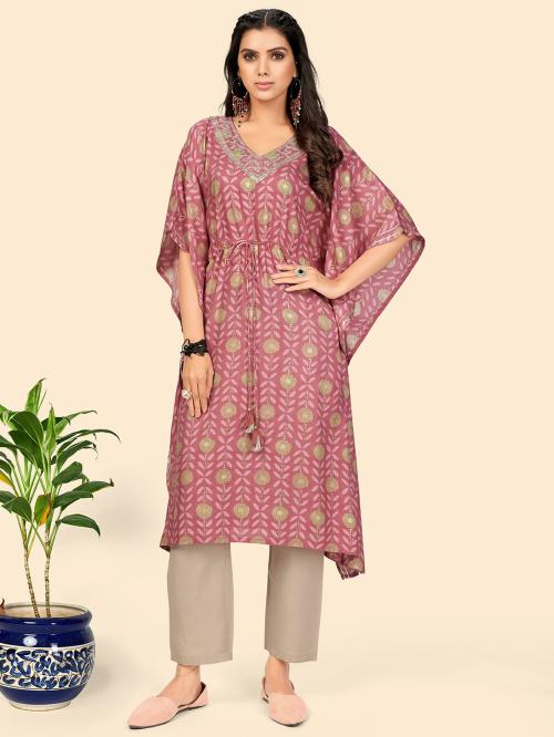 Buy Vbuyz Women'S Print & Sequience Muslin Pink Stitched Kaftan Kurta ...