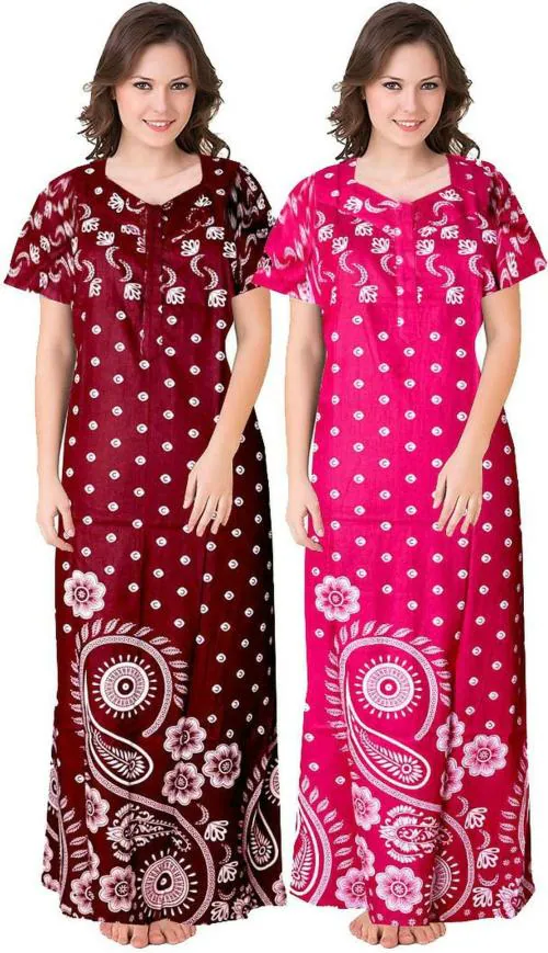 Buy Mudrika Women Maroon and Pink Floral Pure Cotton Pack of 2 Nighty ...