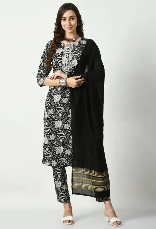 Buy S MAJIDA Black Floral Printed Kurta Set for Women with Dupatta ...