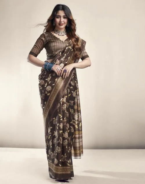 Buy SIRIL Poly Silk Brown Color Saree with Blouse piece Online at Best ...