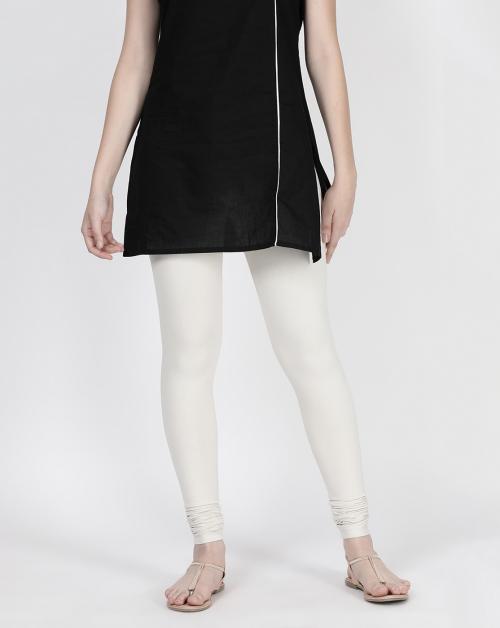 Buy TWIN BIRDS Women Off-White Solid Cotton Churidar-Length Leggings ...