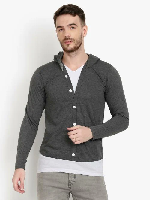 Buy PAUSE Grey Solid Hooded Slim Fit Full Sleeve Men's T-Shirt Online ...