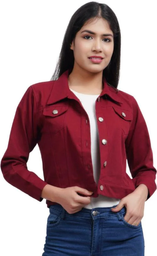 Buy Trendzmy Women Maroon Solid Cotton Blend Full Sleeve Denim Jacket ...