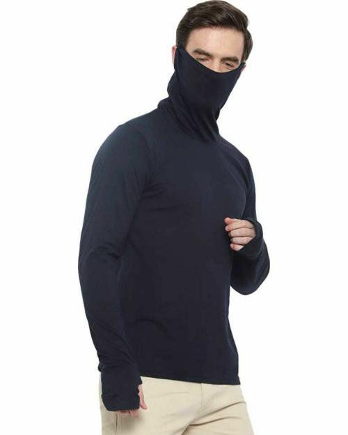 Buy Glito Solid Dark Blue Full Sleeves Thumbhole High Neck With Mask ...