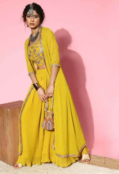 Buy KVS Fab Women Mustard Embroidered Georgette Kurta Palazzo Set Online at Best Prices in India ...